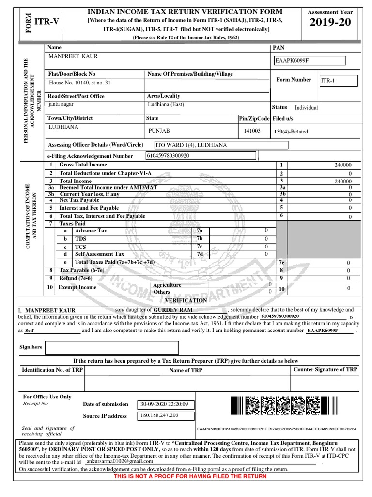 Itr-V: (Please See Rule 12 of The Income-Tax Rules, 1962) | PDF ...