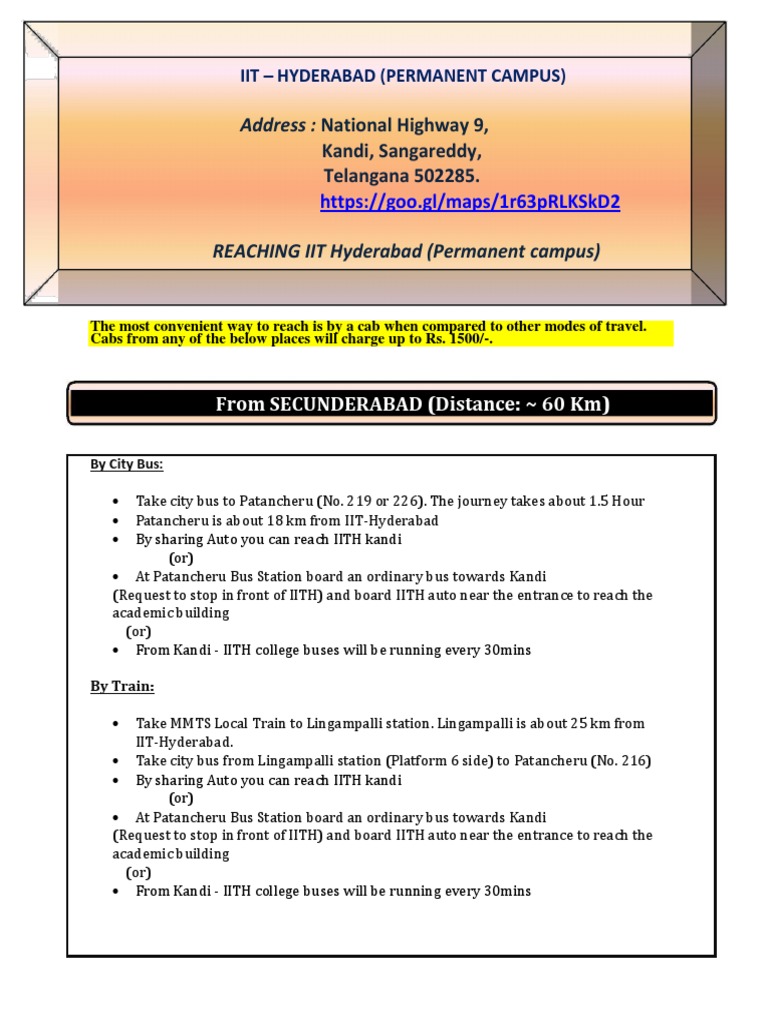 How to Reach IIT Hyderabad Campus | PDF | Service Industries | Land ...