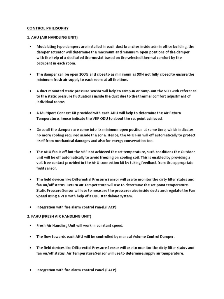 AHU Control Philosophy Overview | PDF | Duct (Flow) | Thermostat