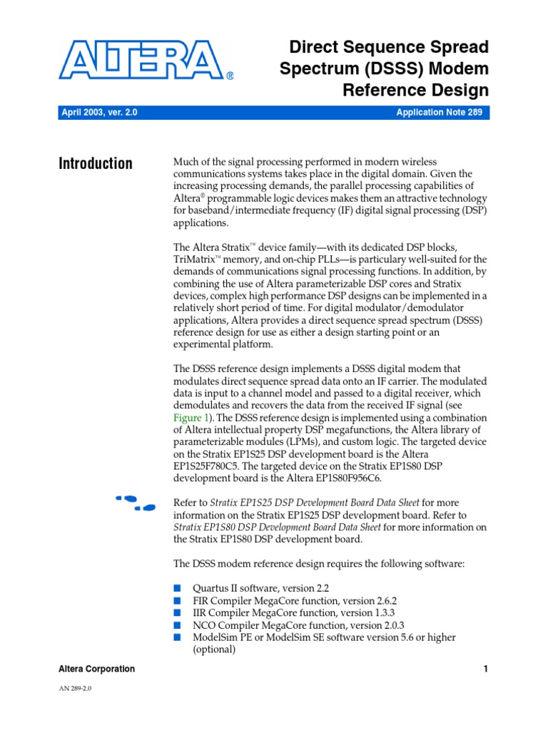 Altera. Direct Sequence Spread Spectrum (DSSS) Modem Reference Design. 2010 | PDF | Modulation ...