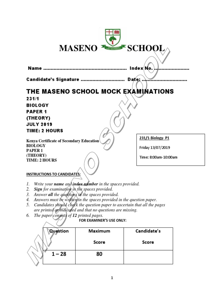 The Maseno School Mock Examinations Biology P1 | PDF | Breathing | Atmosphere Of Earth