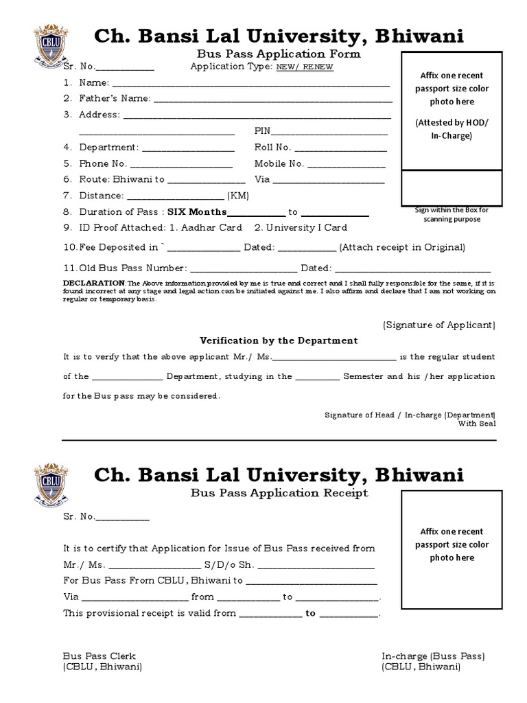 Ch. Bansi Lal University, Bhiwani: Bus Pass Application Form | PDF ...