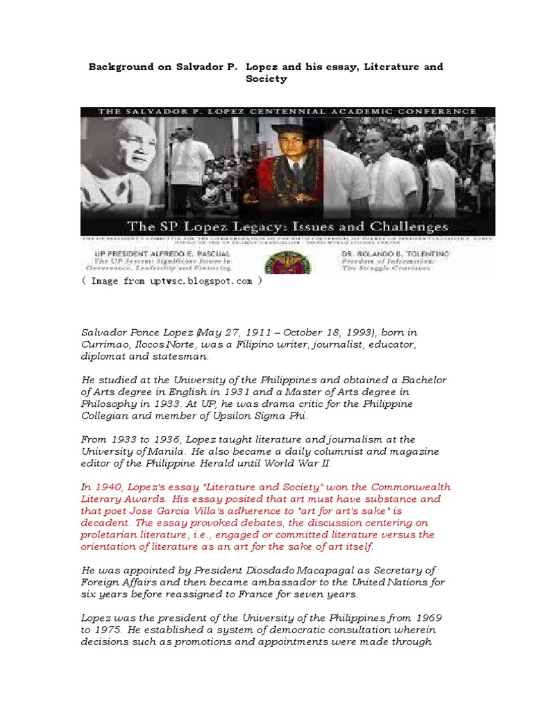 Background On Salvador P. Lopez and His Essay, Literature and Society | PDF