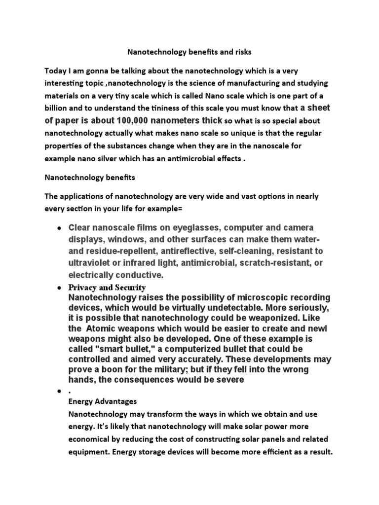 Nanotechnology Benefits and Risks | Download Free PDF | Nanotechnology | Physical Sciences