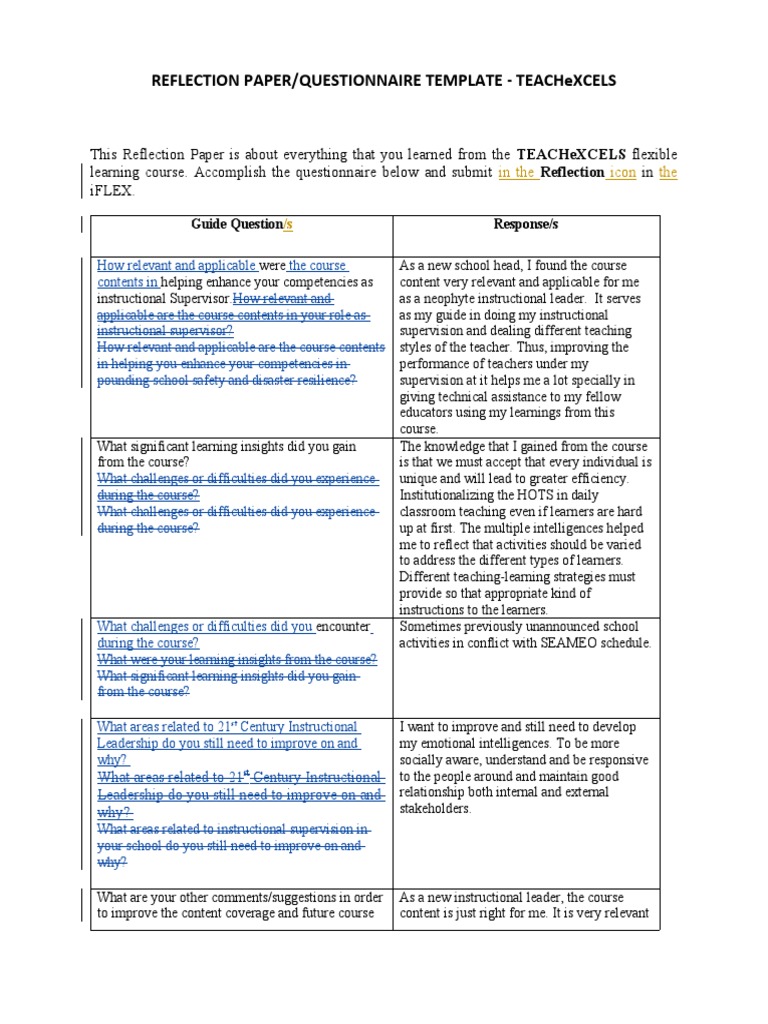 Reflection Paper/Questionnaire Template - Teachexcels | PDF | Learning ...