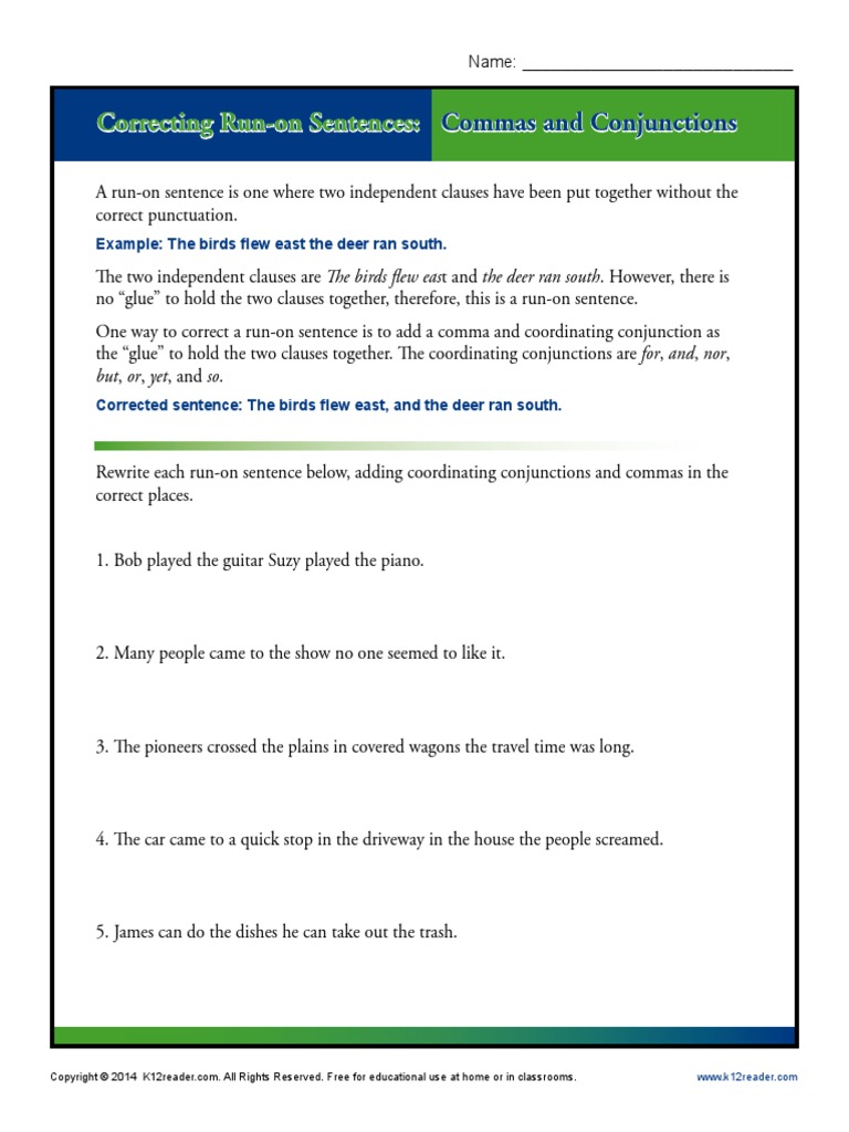 Correcting Run On Sentences Commas and Conjunctions | PDF | Comma | Syntax