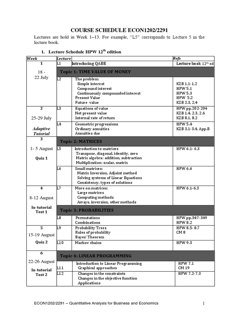 ECON1202 Course Schedule Overview | PDF | Matrix (Mathematics ...