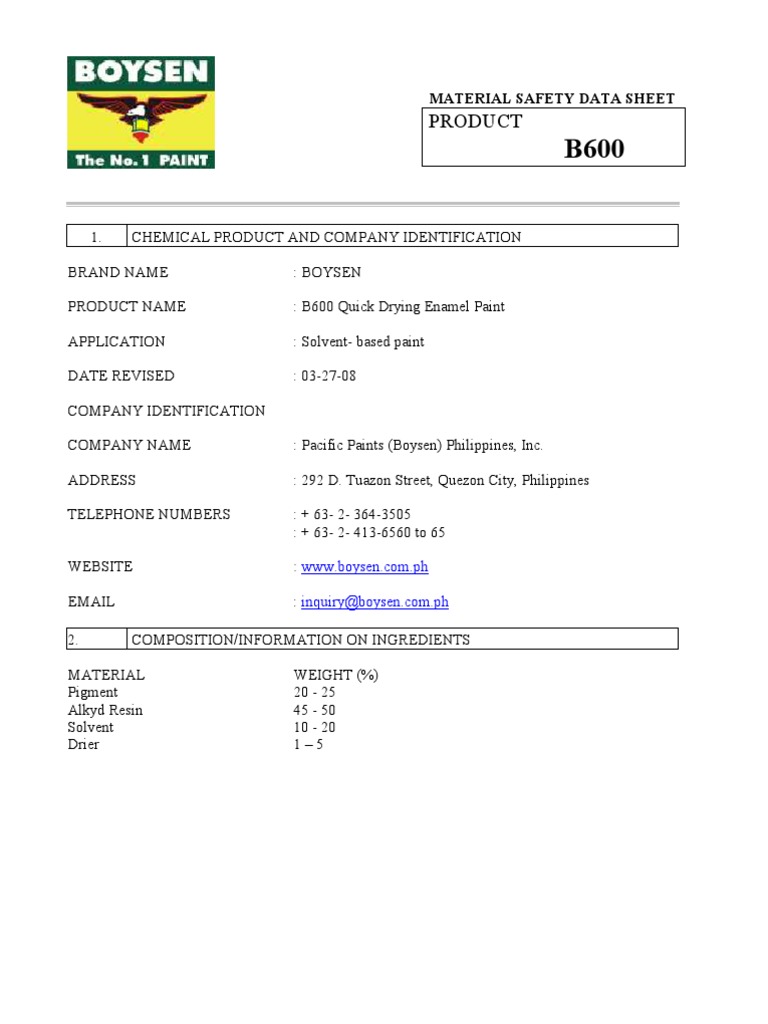 Boysen Quick Drying Enamel White B600 | PDF | Toxicity | Fires