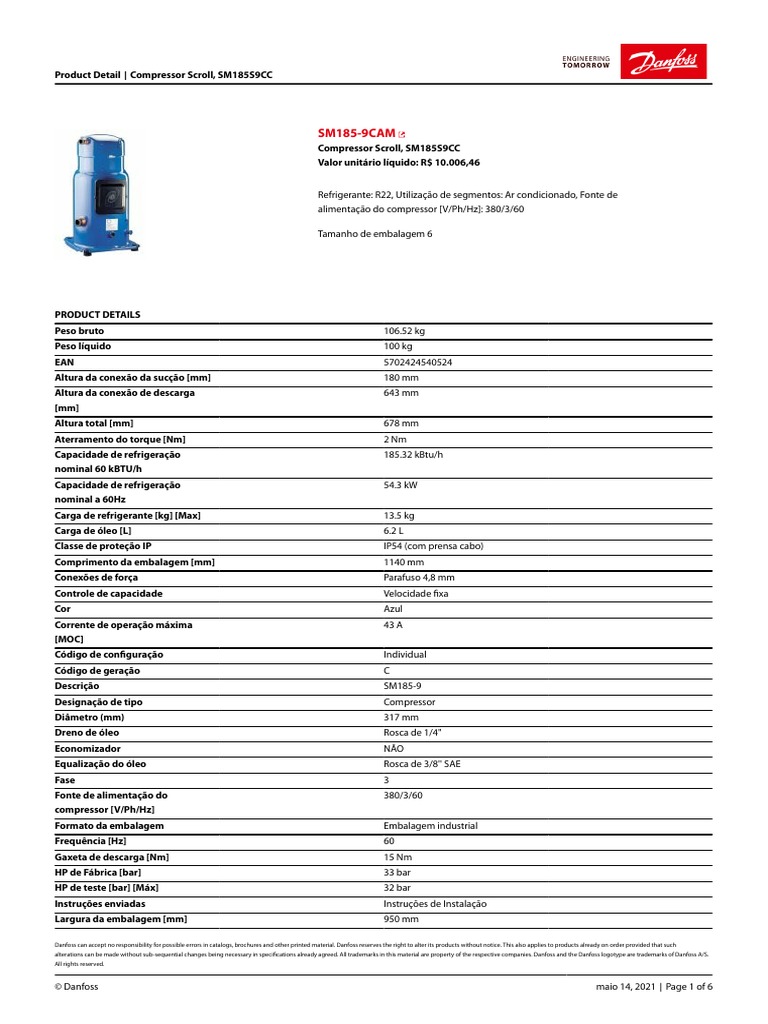 Danfoss Compressor Scroll SM185S9CC SM185 9CAM | PDF | Bens ...