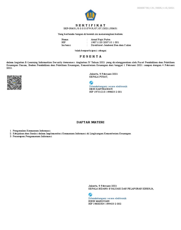 Sertifikat E-Learning Keamanan Informasi | PDF