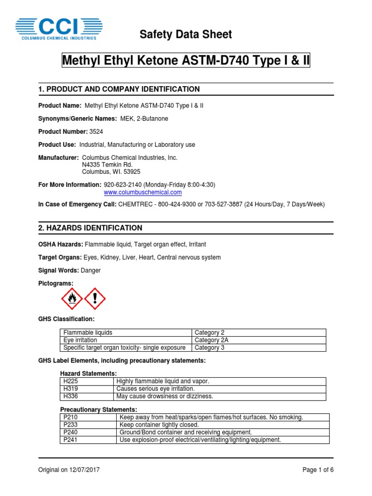 Methyl Ethyl Ketone ASTM-D740 Type I & II 3524 | PDF | Workplace ...