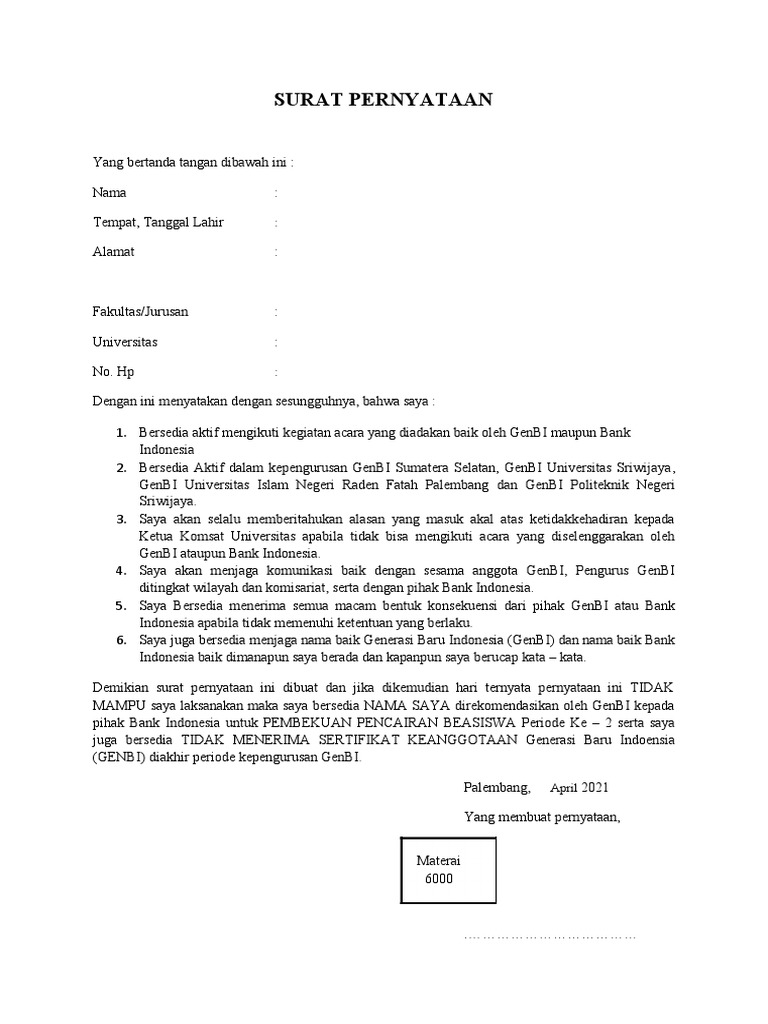 Surat Pernyataan Genbi 2021 | PDF