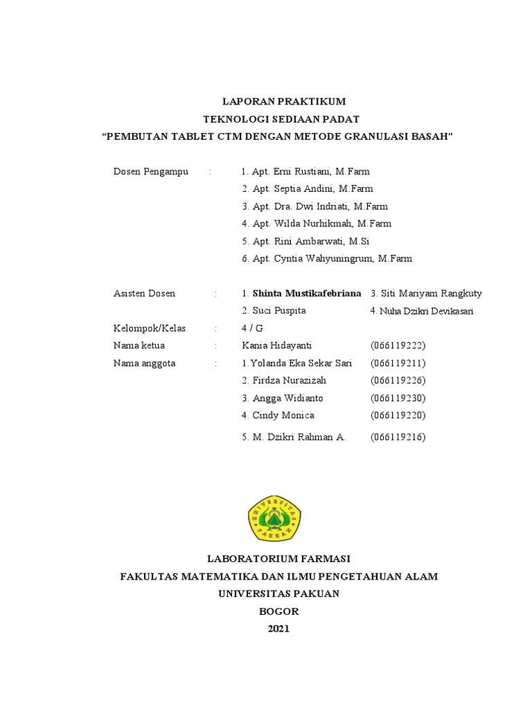 Laporan Praktikum Teknologi Sediaan Padat "Pembutan Tablet CTM Dengan ...