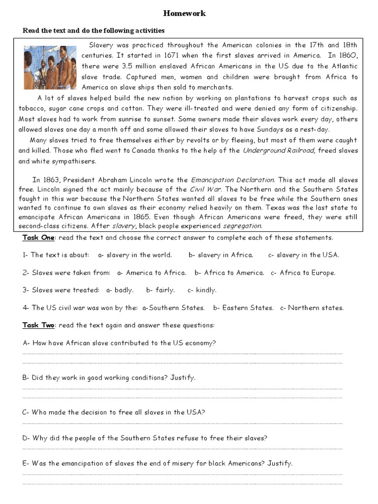 Slavery Reading Comprehension Worksheet | PDF | Slavery In The United ...