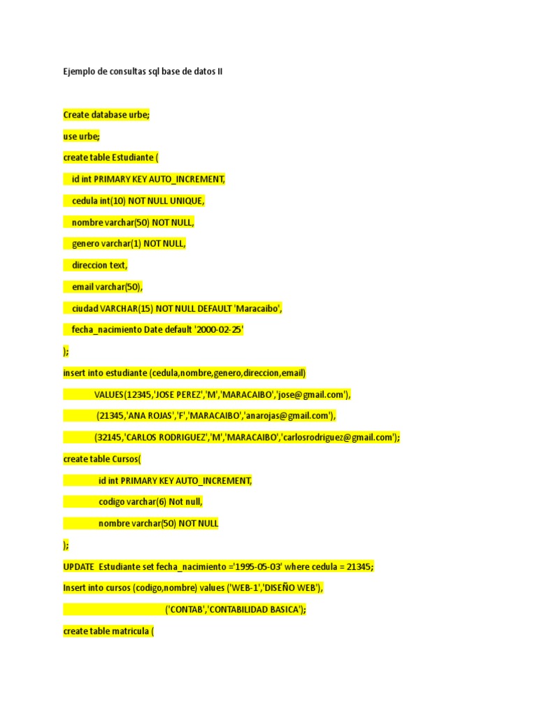 Ejemplo de Consultas SQL Base de Datos II | Descargar gratis PDF | SQL | Paradigmas de programación