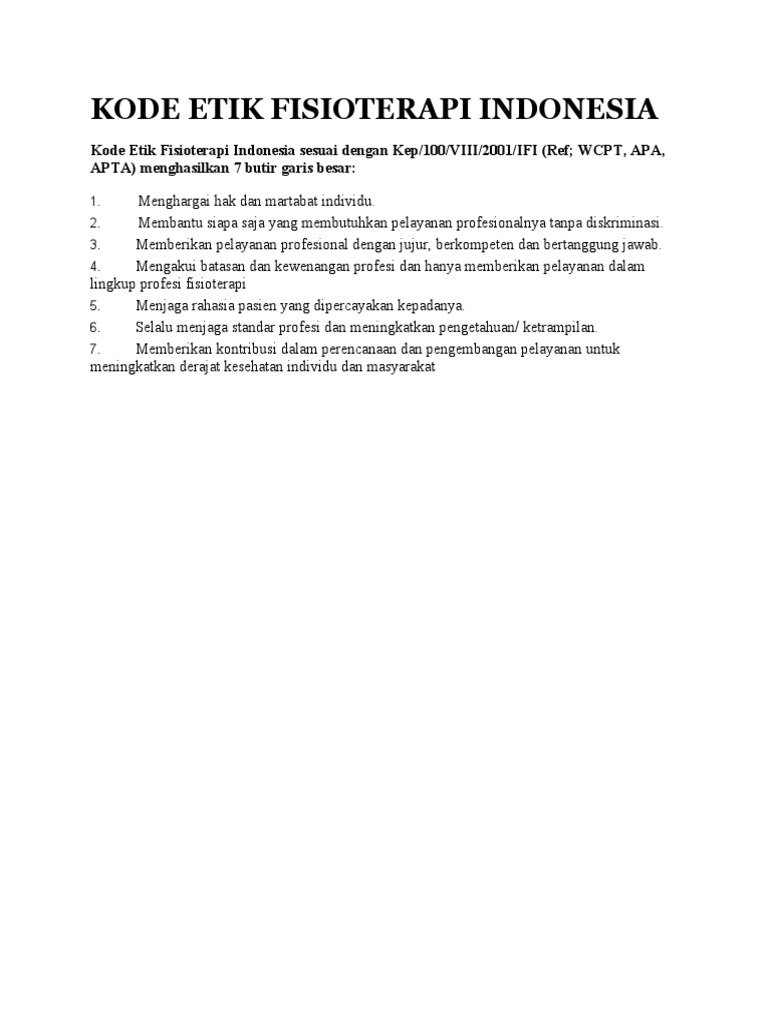 Kode Etik Fisioterapi Indonesia | PDF