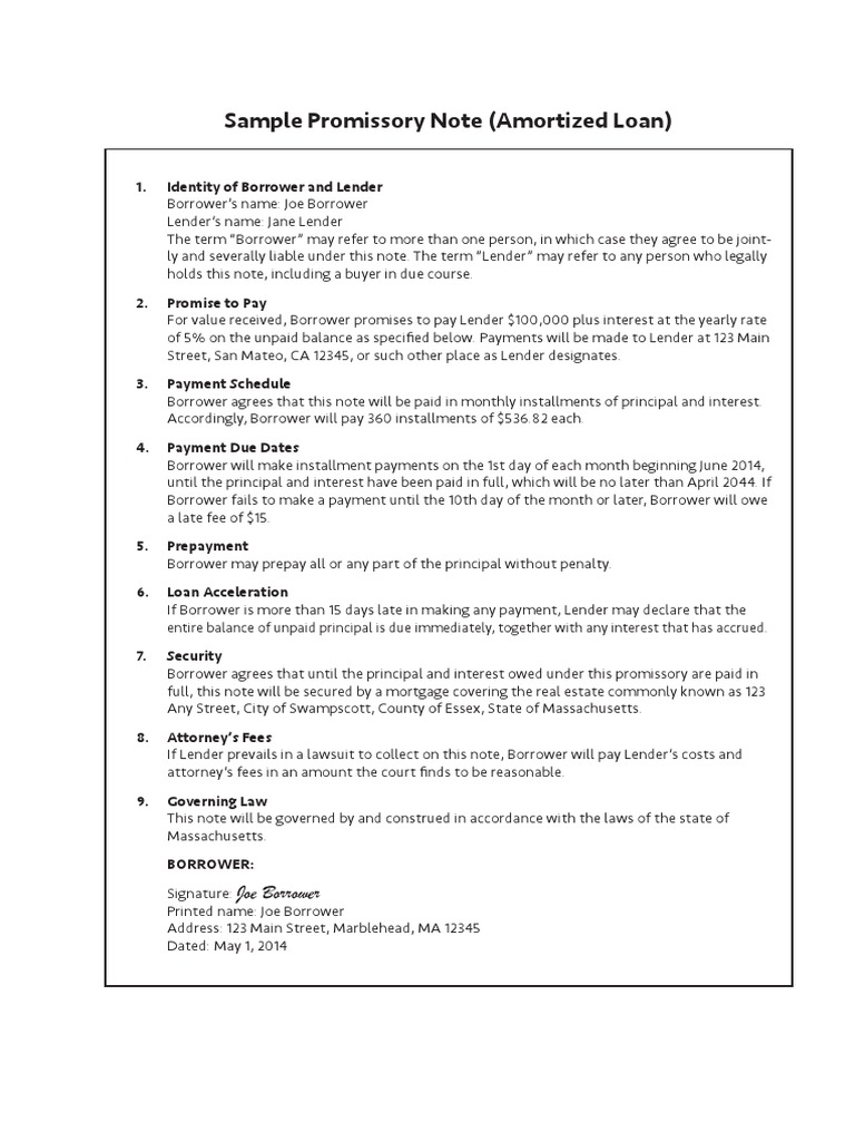 Sample Promissory Note (Amortized Loan) : Joe Borrower | PDF