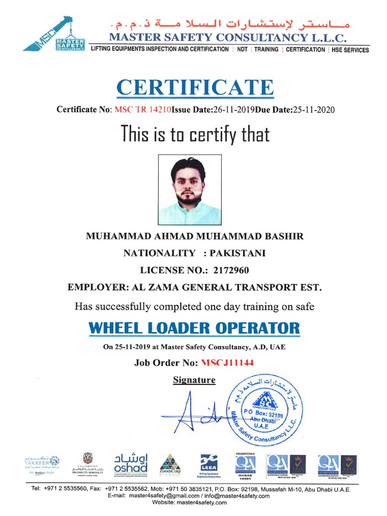Certificate Wheel Loader Opt | PDF
