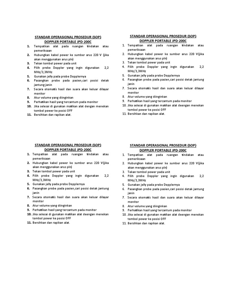 Standar Operasional Prosedur (Sop) Doppler Portable Jpd-200c (Cdakb) | PDF