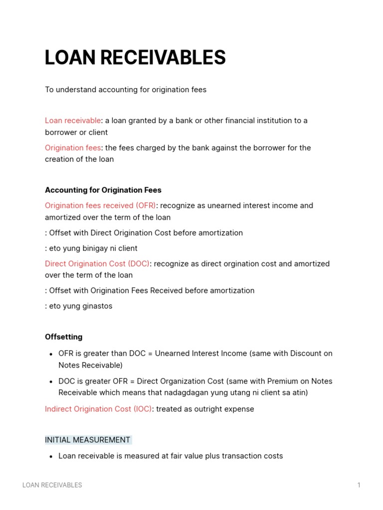 Loan Receivables: Loan Receivable Origination Fees | PDF | Loans ...