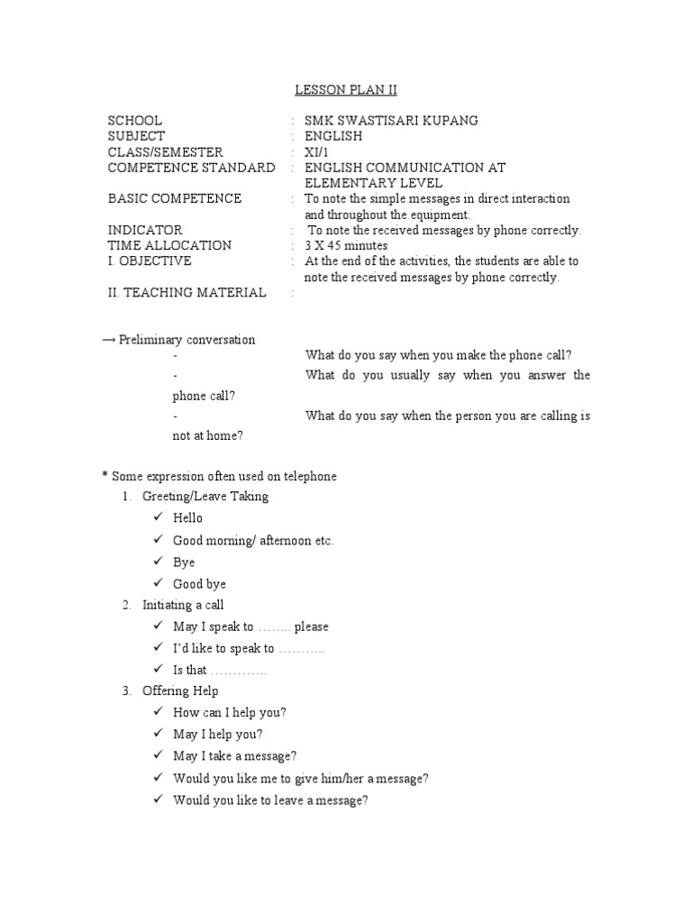 LESSON PLAN Telephone Conversation | Semiotics | Cognitive Science