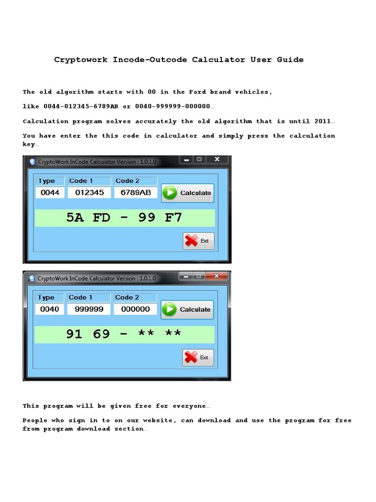 Cryptowork Incode-Outcode Calculator User Guide | PDF