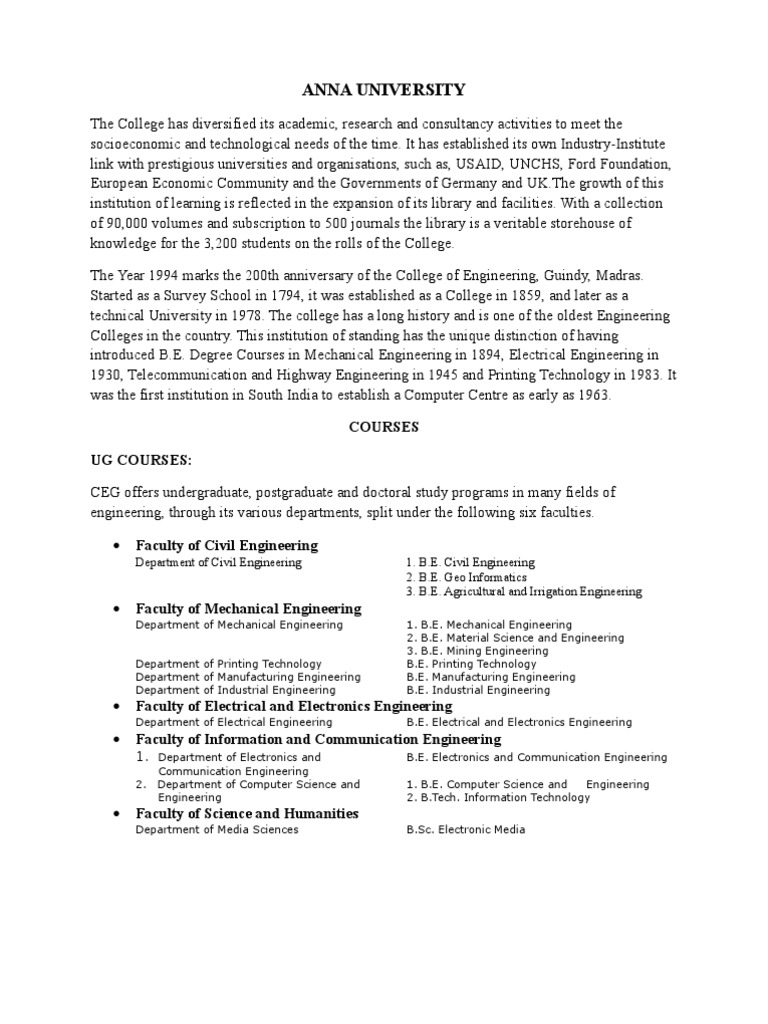 Anna University: Courses Ug Courses | PDF | Engineering | University ...