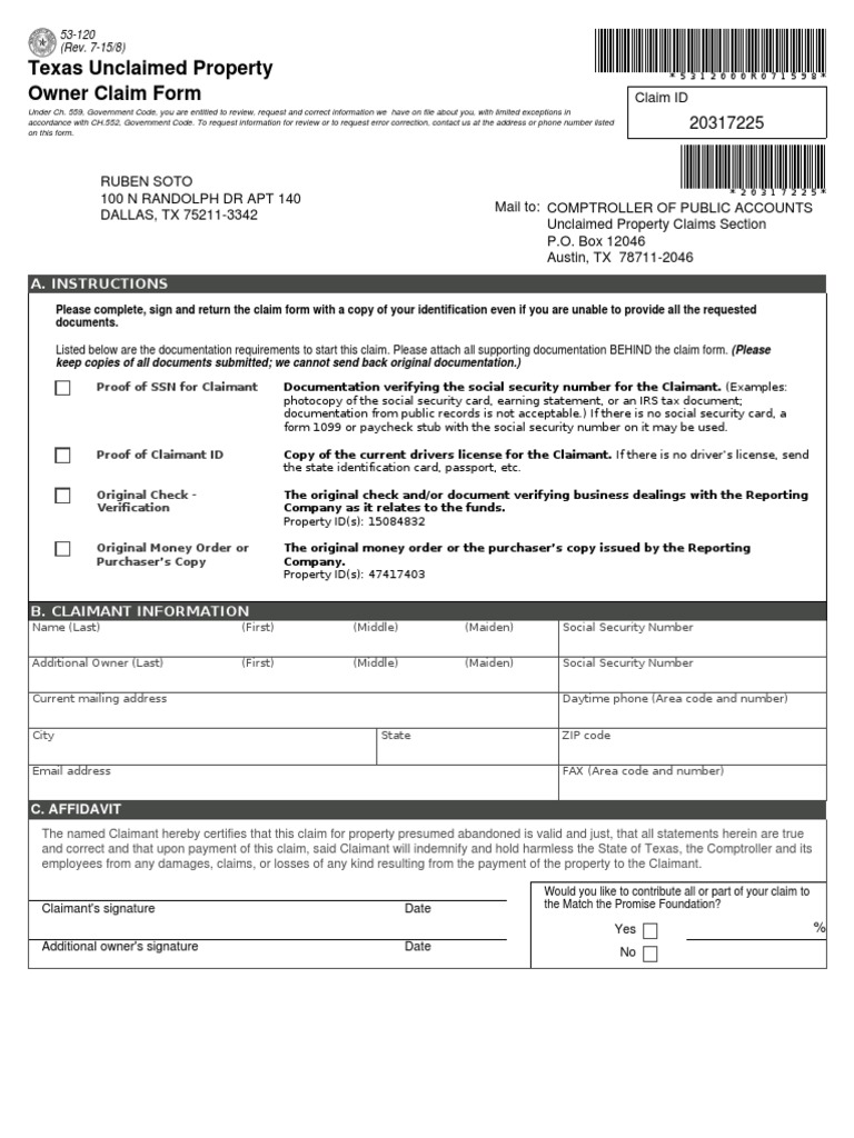 Texas Unclaimed Property Owner Claim Form | PDF | Social Security ...