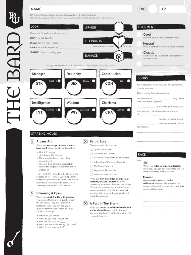 Dungeon World Bard Character Sheet | PDF | Leisure