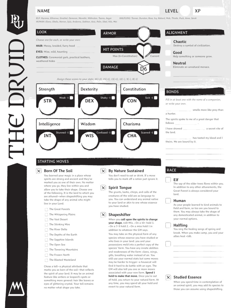Dungeon World - Druid Character Sheet | PDF | Shapeshifting | Nature