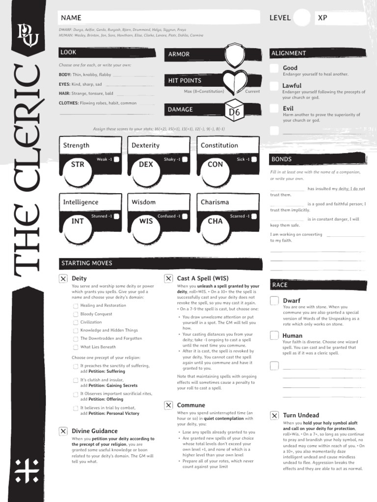 Dungeon World - Cleric Character Sheet | PDF | Religion And Belief
