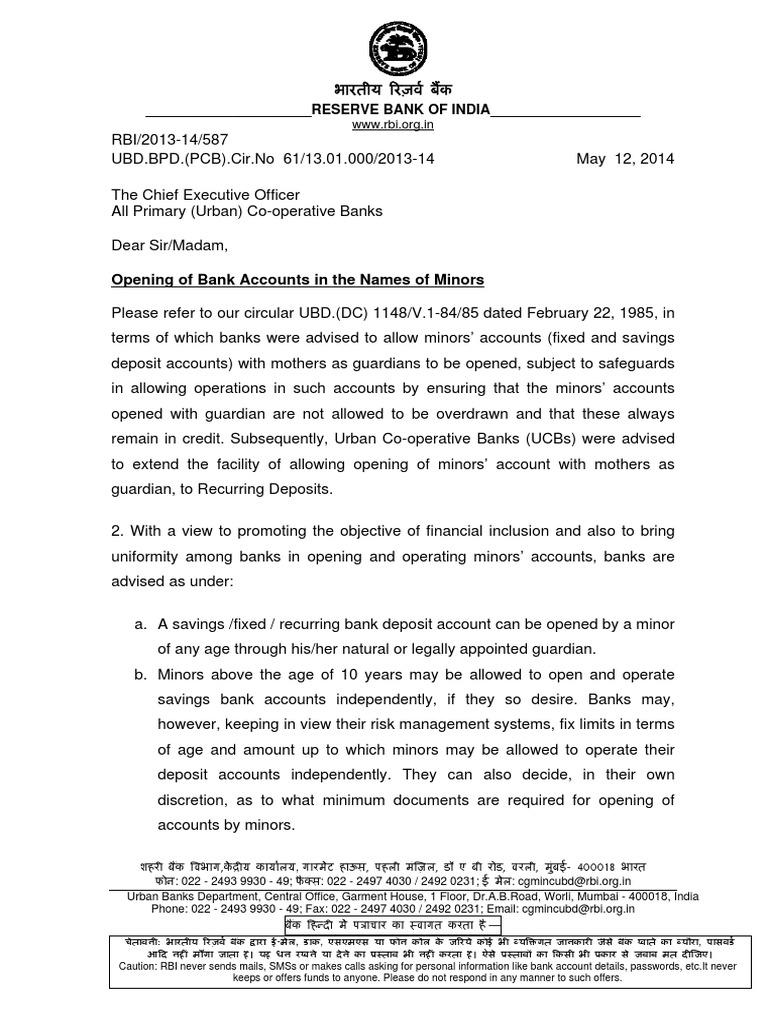 Opening of Bank Accounts in The Names of Minors | PDF | Reserve Bank Of ...