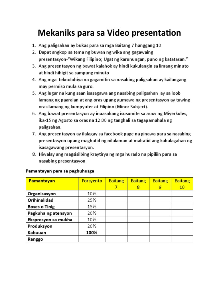 Mekaniks para Sa Video Presentation | PDF