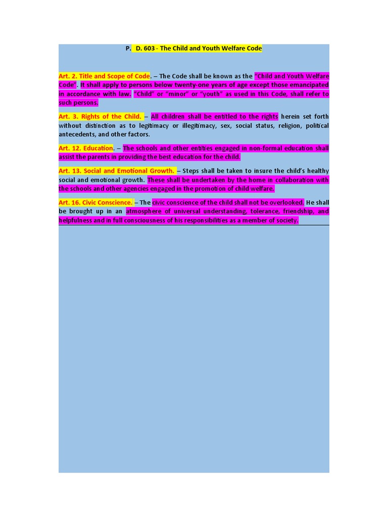 P.D. 603 - The Child and Youth Welfare Code | PDF