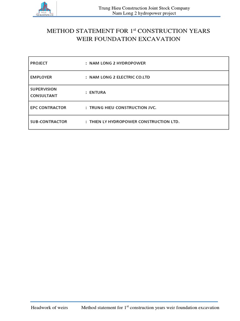 Method Statement For 1st Construction Years Weir Foundation Excavation ...