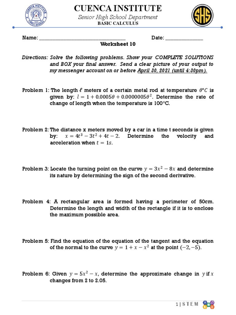 Basic Calculus Worksheets 10 | PDF