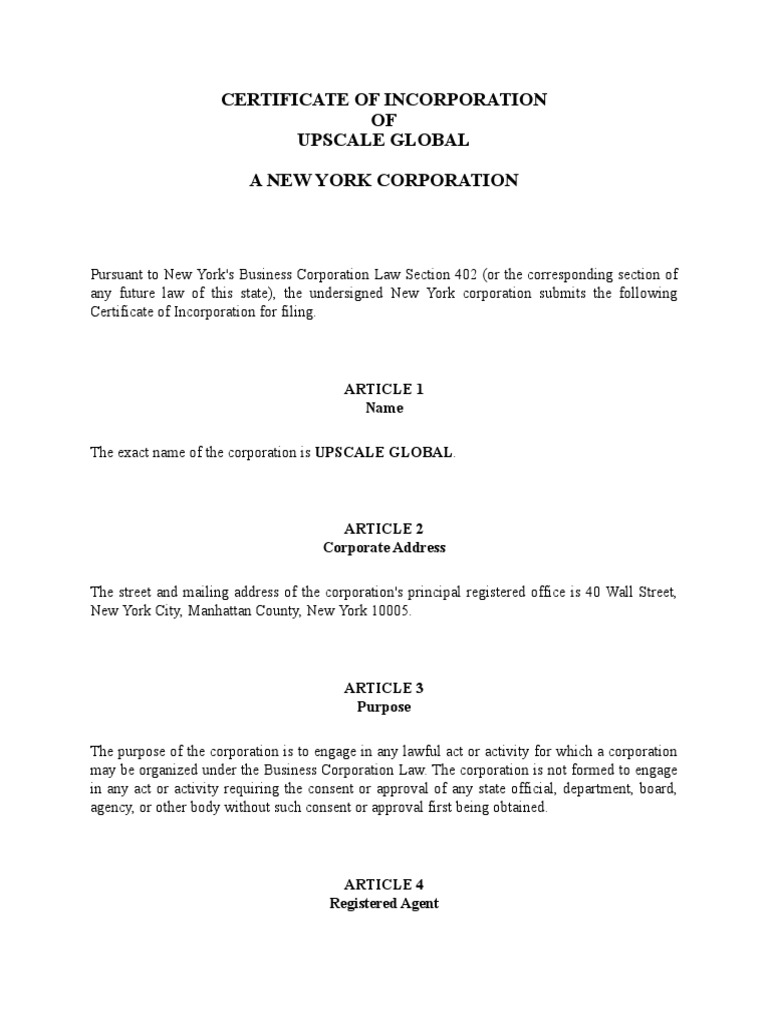 New York Certificate of Incorporation Sample | PDF | S Corporation ...