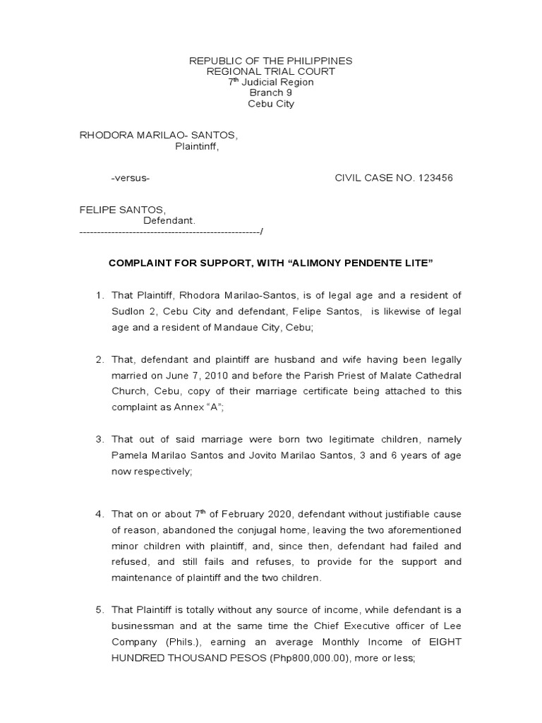 Complaint For Support, With "Alimony Pendente Lite" | PDF | Plaintiff ...