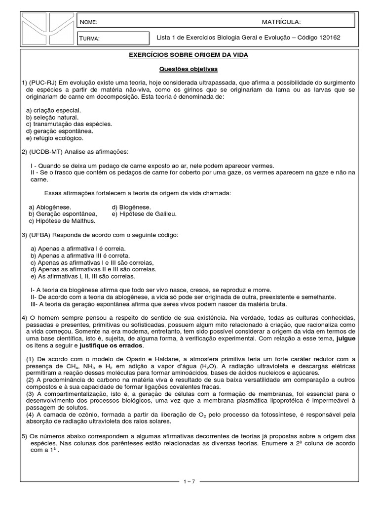 Exercícios Origem Da Vida | PDF | Abiogênese | Terra Exercícios Origem Da Vida | PDF | Abiogênese | Terra