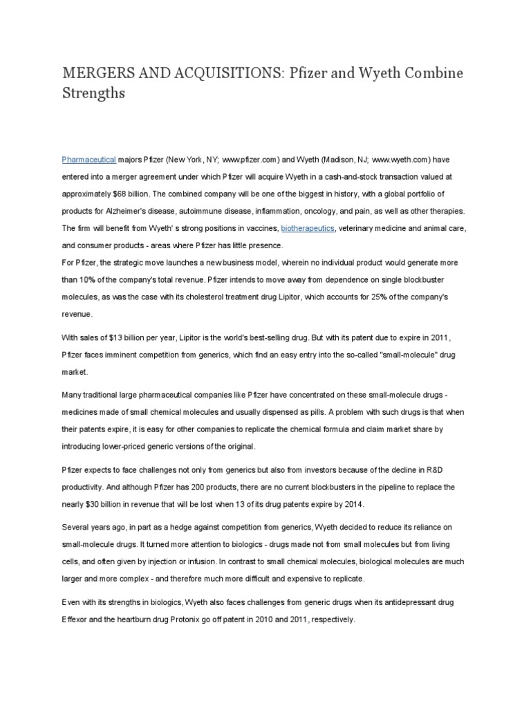 Pfizr and Wyeth | PDF | Pfizer | Biopharmaceutical