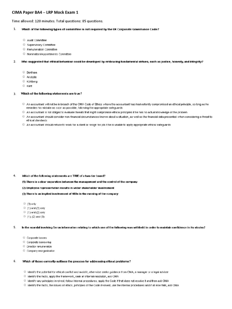 CIMA Paper BA4 LRP Mock 2018 Questions | PDF | Science & Mathematics