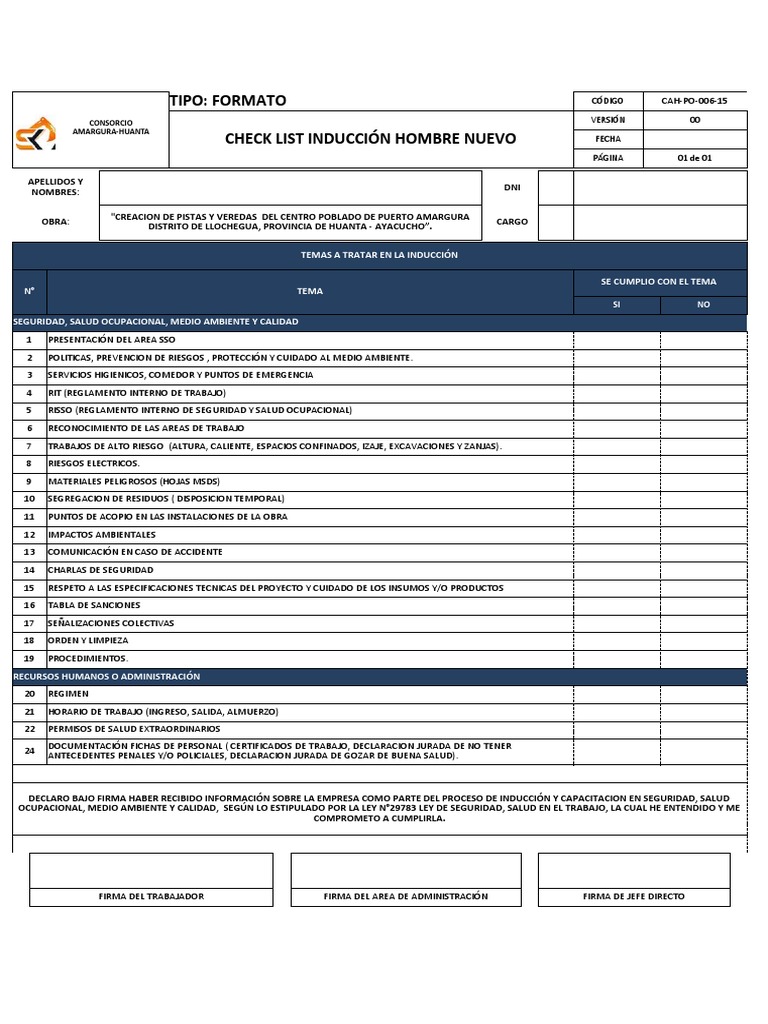 CAH - PO-006-15 Check List de Inducción Hombre Nuevo | PDF | Seguridad ...