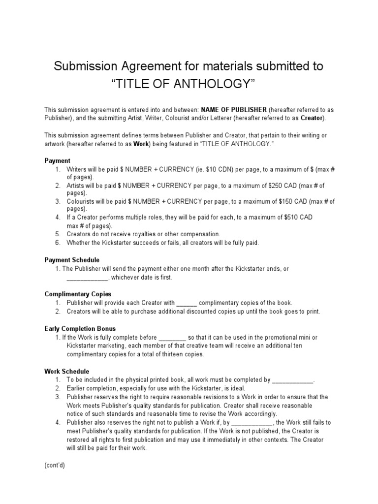Submission Agreement For Materials Submitted To "Title of Anthology ...