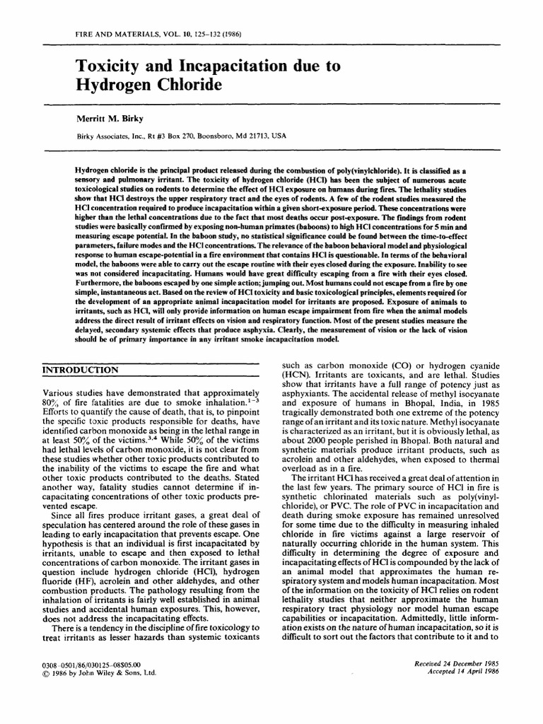Toxicity and Incapacitation Due To Hydrogen Chloride: Merritt M | PDF ...
