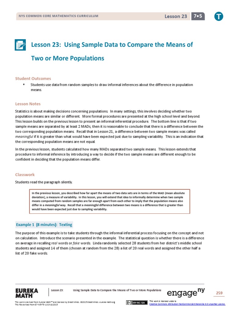Lesson 23: Using Sample Data To Compare The Means of Two or More ...