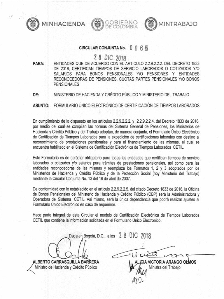 Circular Conjunta 0065 Del 28 de Diciembre de 2018 | PDF