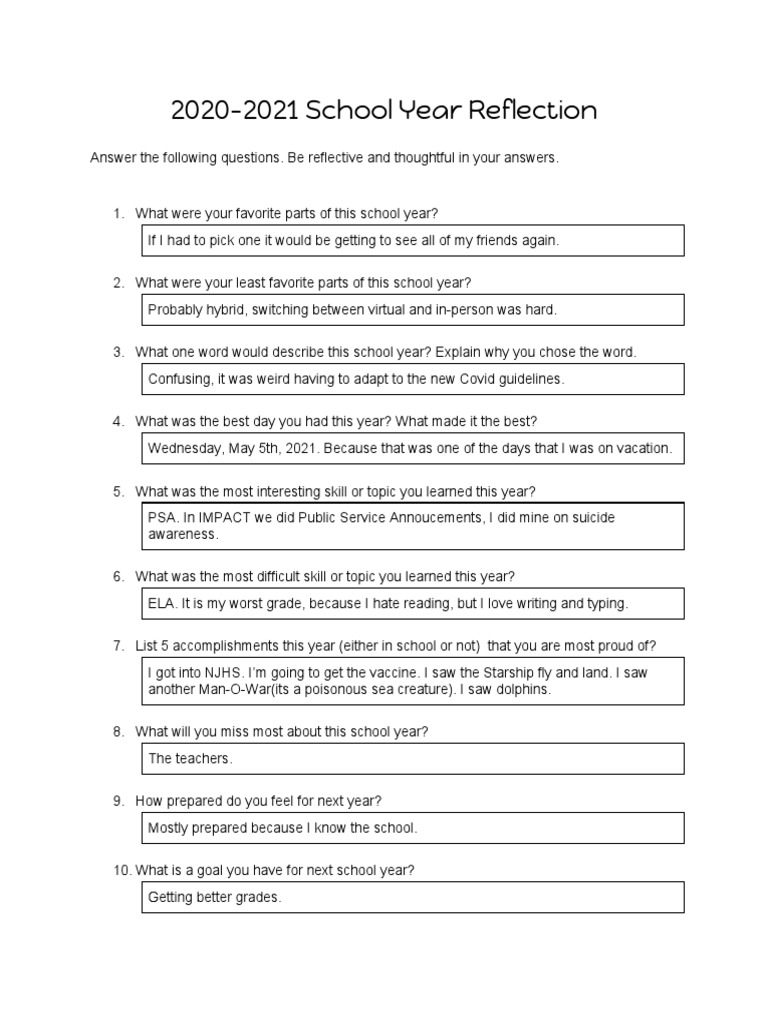 2020-2021 School Year Reflection | PDF