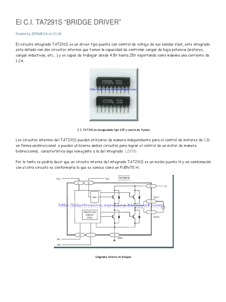 El Circuito Integrado TA7291S Es Un Driver Tipo Puente Con Control de ...