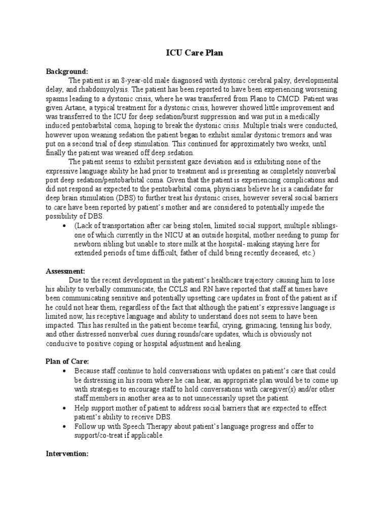 ICU Care Plan: Background | PDF | Dystonia | Intensive Care Unit
