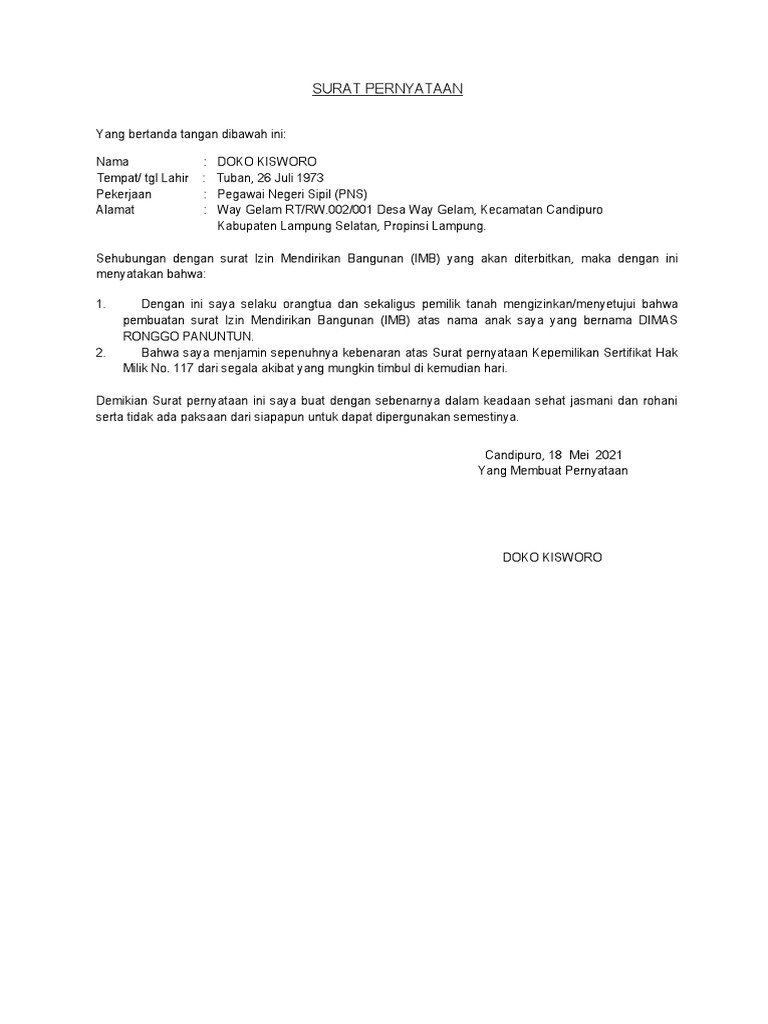 Surat Pernyataan Imb | PDF